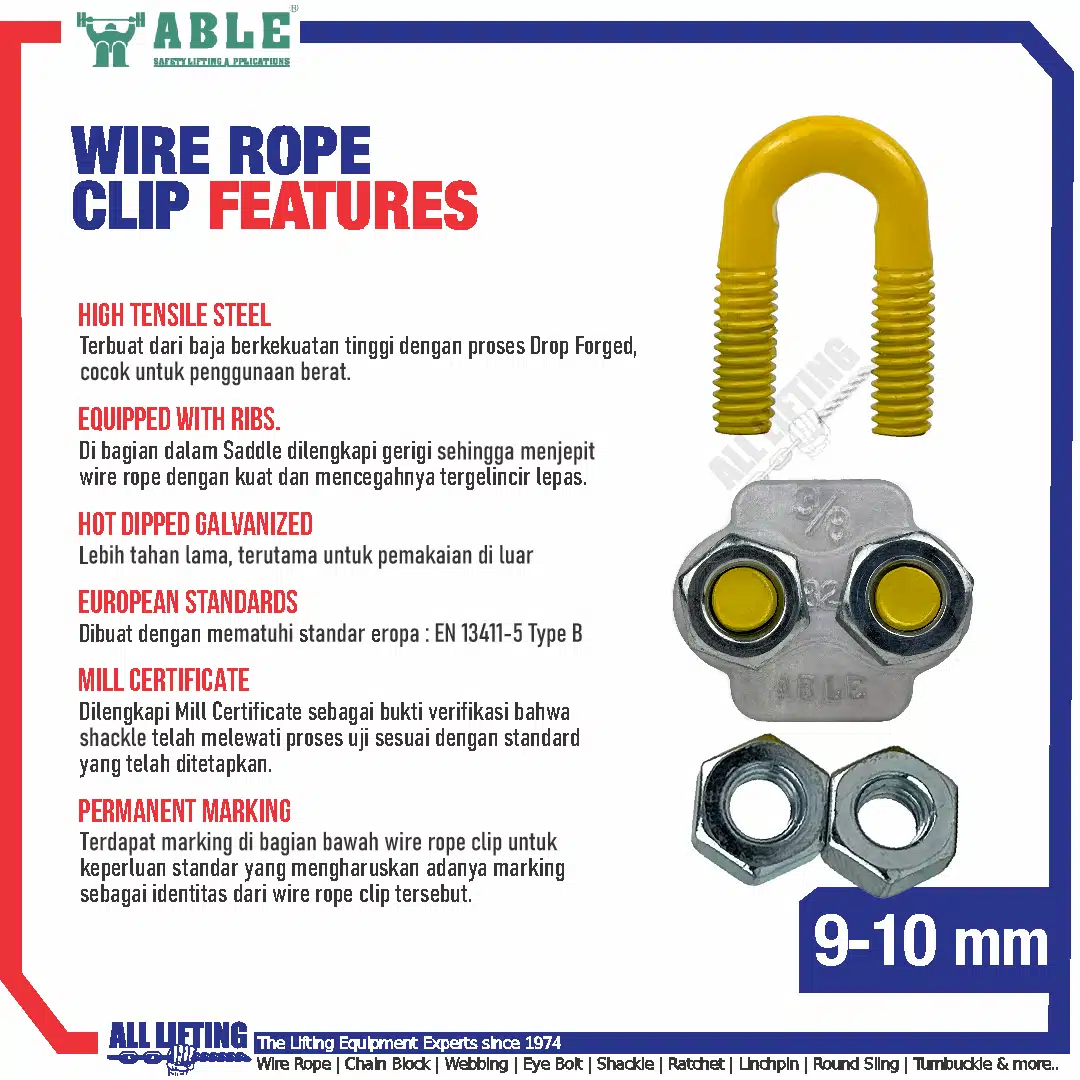 Wire Rope Clip 9-10 mm 3/8" Drop Forged ABLE Klem Seling Kuku Macan ...