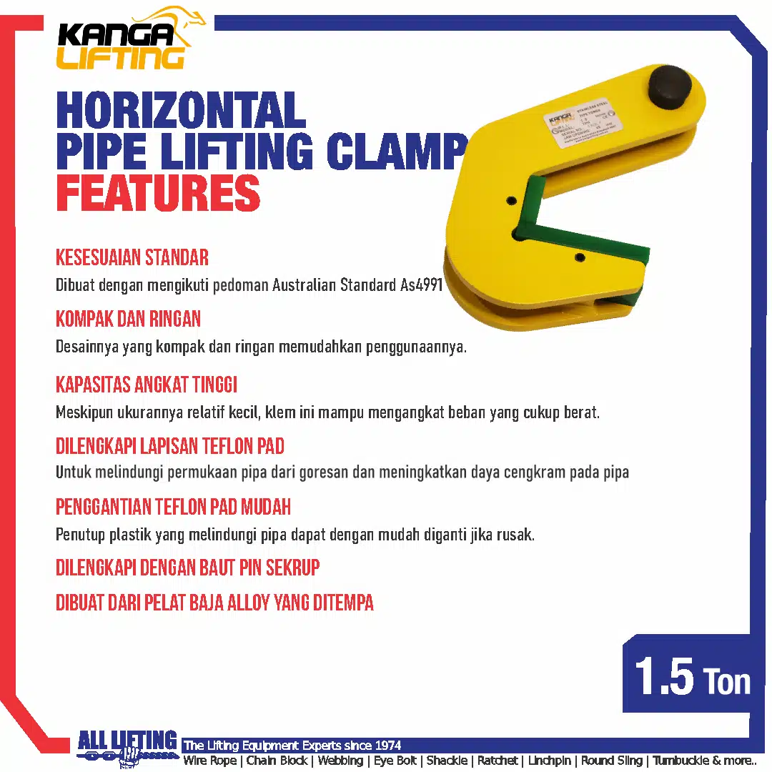 Horizontal Pipe Lifting Clamp 1.5 Ton KANGA LIFTING Klem Pengangkat Pipa Horizontal